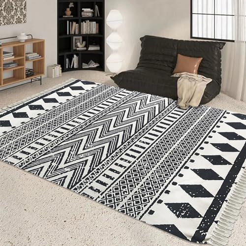 USTIDE Ultra Large Bohe Area Rug Large Hand Woven Black and White Cotton Rugs with Tassels Printed Geometric Tribal Rug for Living Room, Bedroom, Laundry Room, Entryway （63x90Inches）