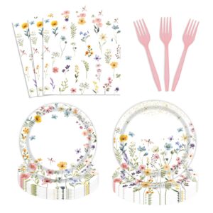 96 pcs wildflower party supplies paper plates and napkins disposable spring floral baby shower birthday tableware decorations for spring summer picnic wedding tea party, serve 24 guests