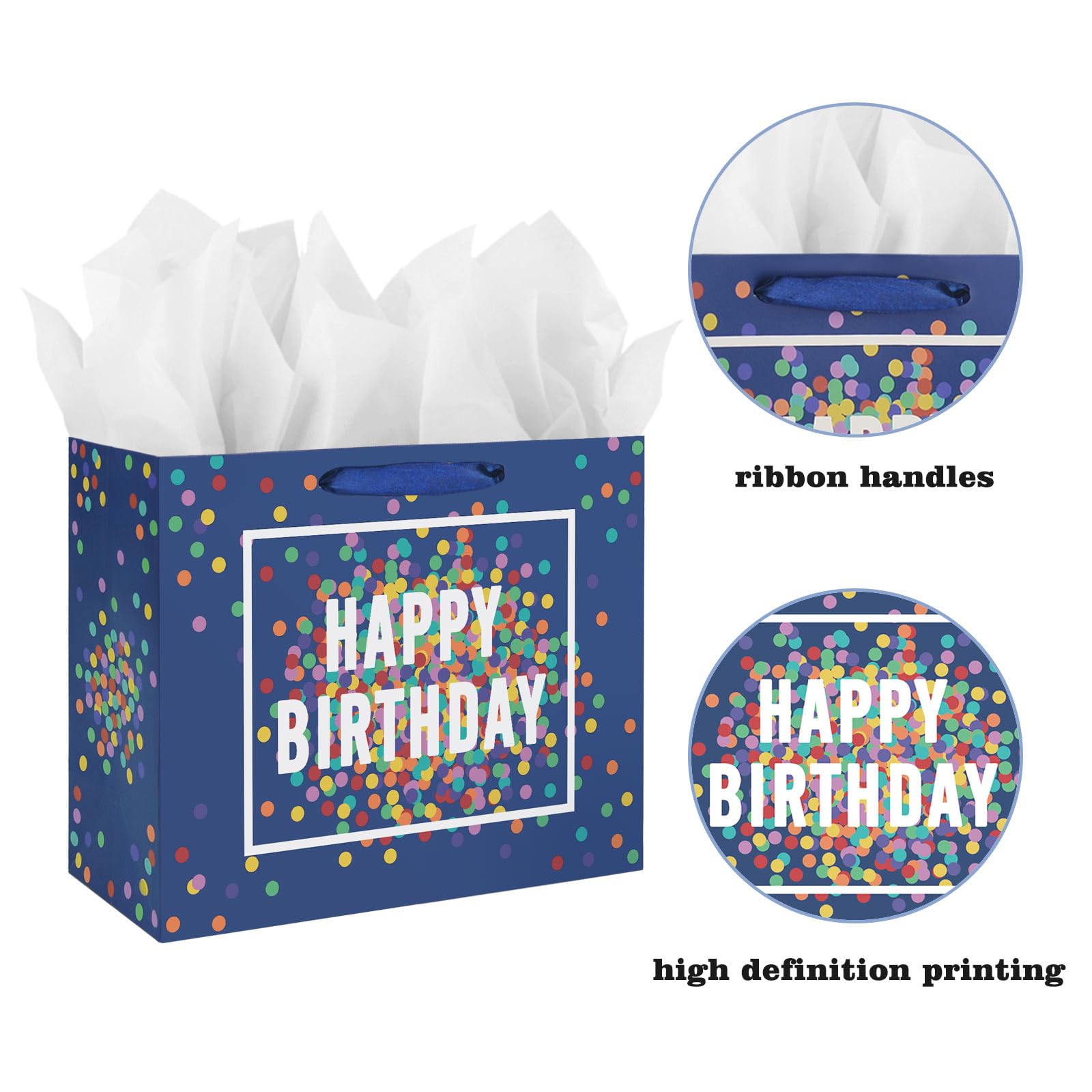 13" Large Happy Birthday Gift Bag Blue with Card and Tissue Papers for Men Boys Colorful Dots Design with Handles