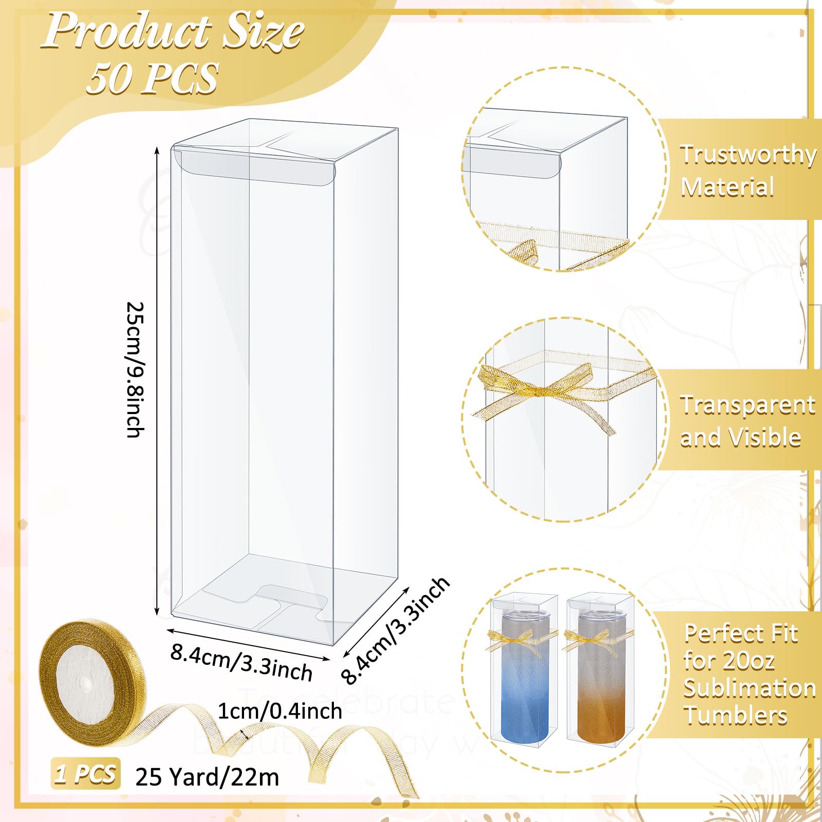 Beeveer 50 Pcs Mug Gift Boxes Clear Tumblers Packaging Box with Ribbon for Sublimation Tumblers Compatible with Stanley 11oz 12oz 15oz 20oz 30oz 40oz(3.3 x 3.3 x 9.8 Inch)