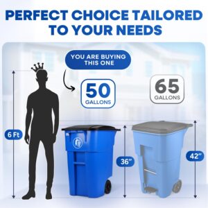 PLASTIC PRINCE 50-Gallon Recycle Rollout Trash Can with Lid, Commercial Heavy-Duty Whelled Outdoor Garbage Can, Blue