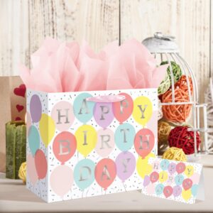 13" Large Happy Birthday Gift Bag with Tissue Paper and Card for Girls Kids Women Birthday (Colourful Balloon)