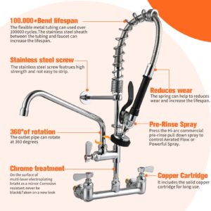 APLWY 25" Height Commercial Faucet Wall Mount with Sprayer 8" Adjustable Center 12" Swing Spout, Wall Mount Kitchen Sink Faucet with Pull Down Pre-Rinse Sprayer for 1/2 Compartment Sink