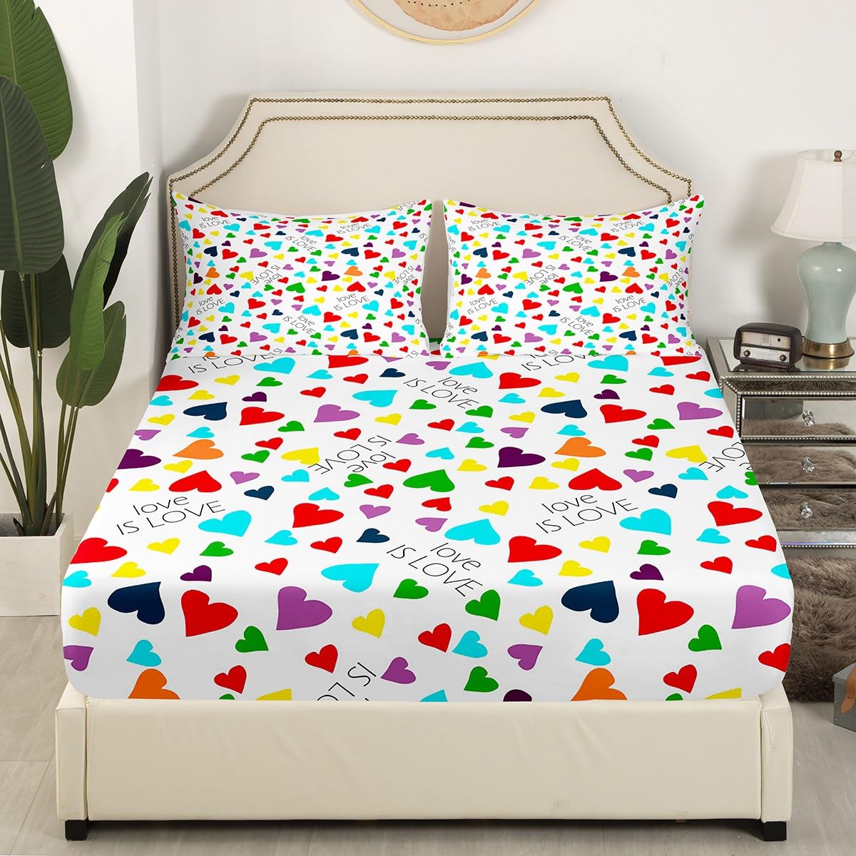 jejeloiu Kids Heart Love Sheet Set King Size Geometric Love Pattern Bed Sheets Set Romantic Sheets with Deep Pocket Fitted Sheet Valentine's Day Colorful Bedding Set with 2 Pillow Case