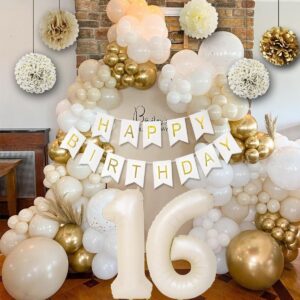 Sweet 16 Birthday Decorations, White and Gold 16th Birthday Decorations for Girls Boy 16th Happy Birthday Banner Tablecloth Fringe Curtain Cake Topper Paper Pom Poms for Girl Boys Sweet 16 Party Decor