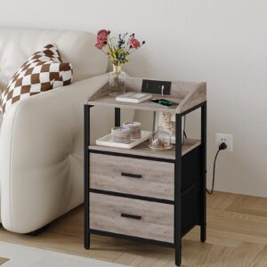 Hzuaneri Nightstands with Charging Station, End Table with 2 Fabric Storage Drawers and Shelves, Modern Side Table with USB Ports & Power Outlets, Greige NS30405B