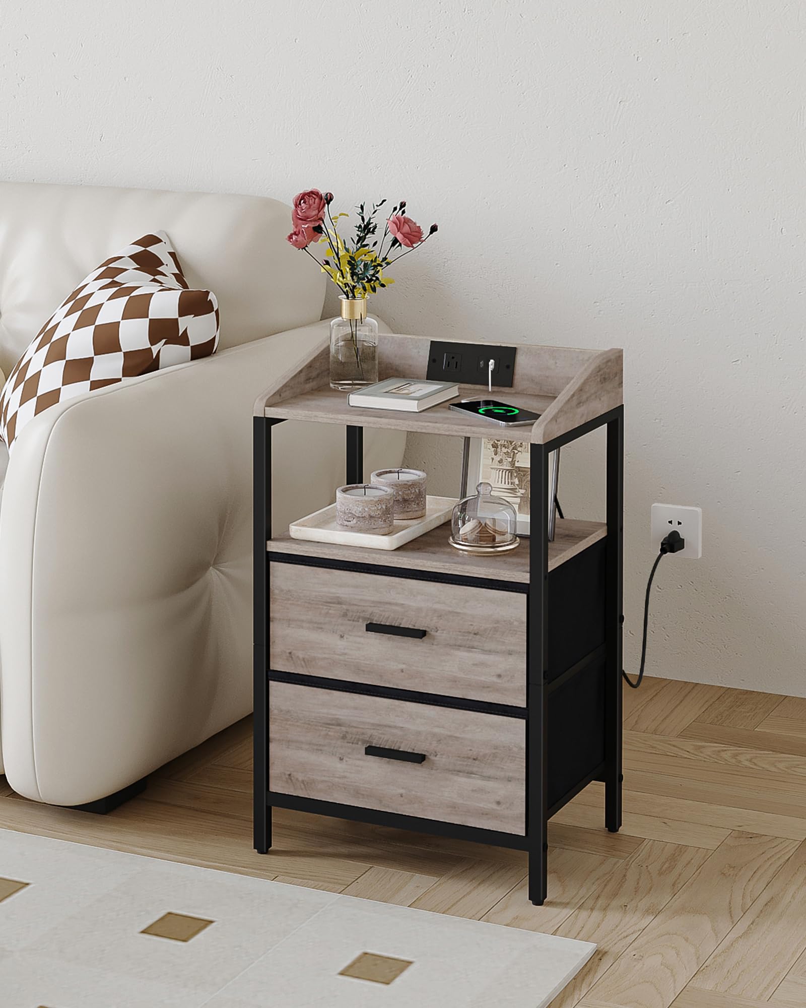 Hzuaneri Nightstands with Charging Station, End Table with 2 Fabric Storage Drawers and Shelves, Modern Side Table with USB Ports & Power Outlets, Greige NS30405B