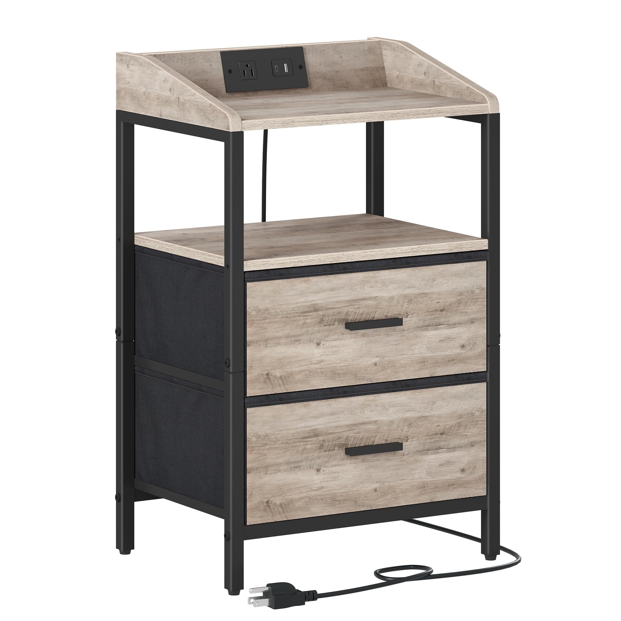 Hzuaneri Nightstands with Charging Station, End Table with 2 Fabric Storage Drawers and Shelves, Modern Side Table with USB Ports & Power Outlets, Greige NS30405B