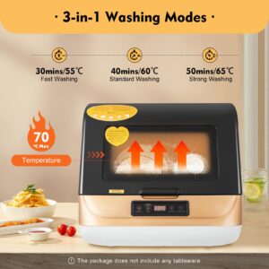 HinLIaDa Portable Dishwasher Countertop, Mini Dishwasher with 3 Washing Programs, 1200W Adjustable Water Temperature 65℃ Dishwasher Machine Deep Cleaning Air Drying for Dorm, RV& Apartment, Gold