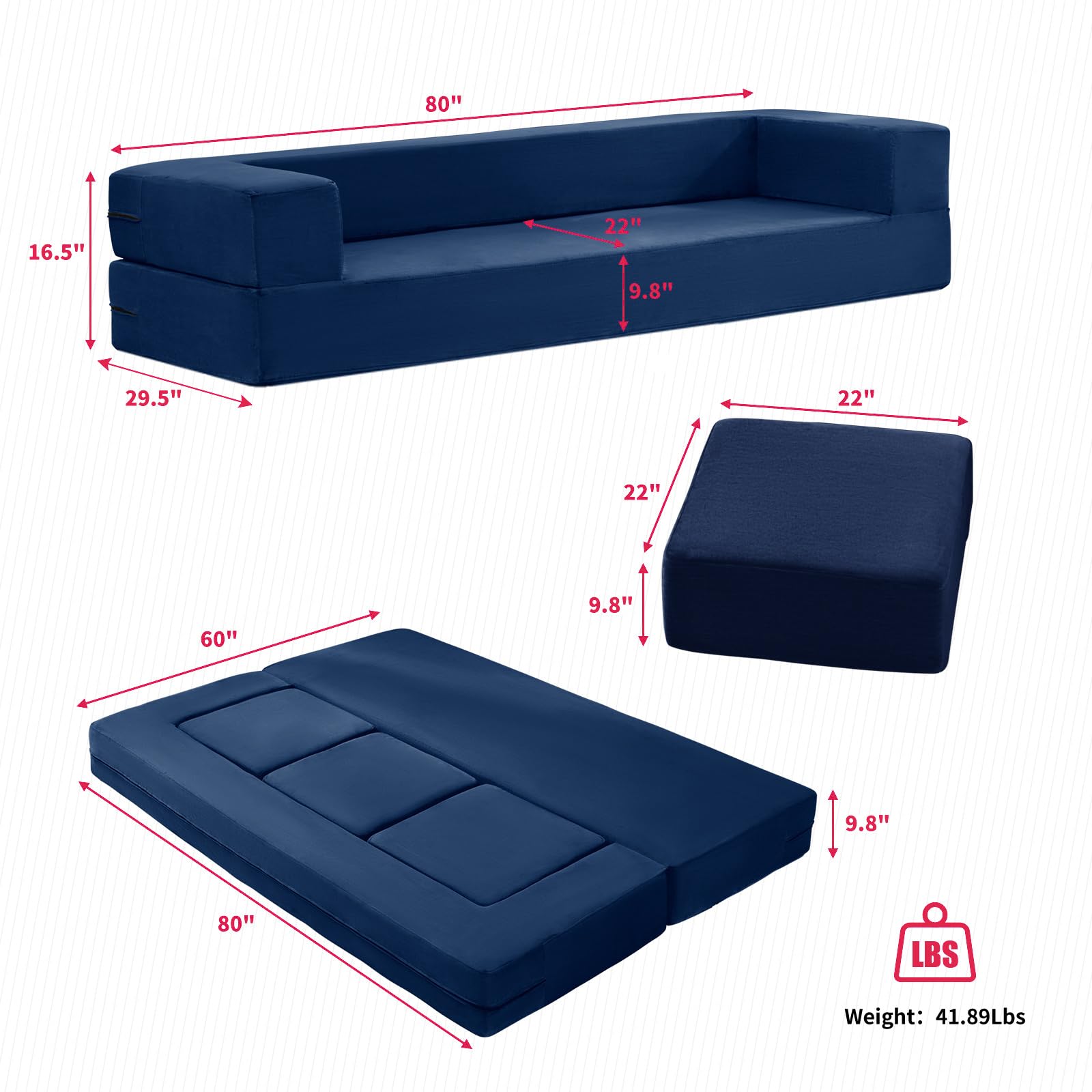 PUREMIND Folding Velvet Sofa Bed with 3 Ottomans, Convertible Floor Sofa, Foldable Sleeper Foam Bed, Comfy Futon Couch with Foam Mattress for Home Apartment Office and Dorm - Blue