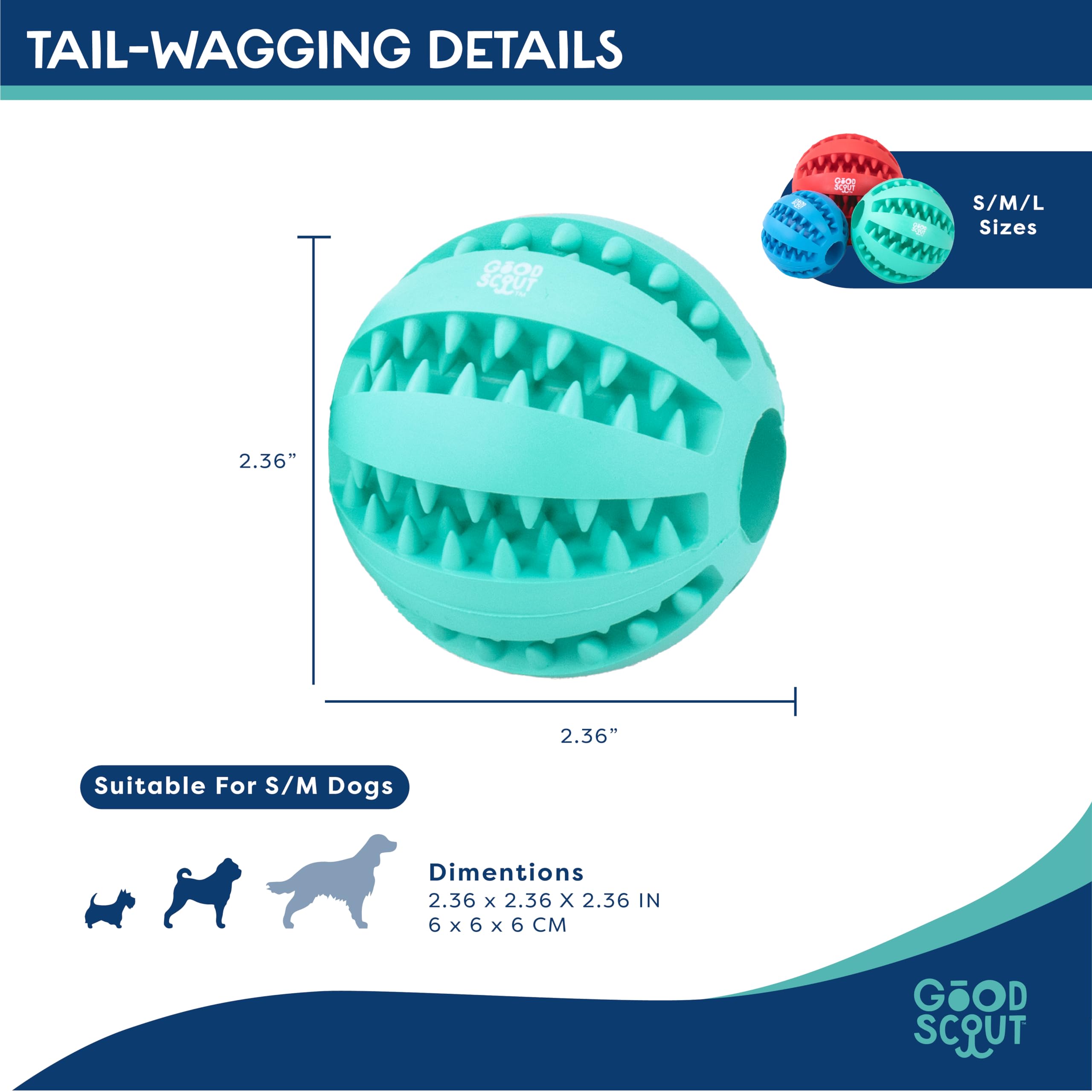 Good Scout Medium Rubber Dental Ball Dog Toy for Chewing, Best Dog Toy for Fetch, Chew Toy for Puppies & Adult Dogs, Dog Toy for Medium & Large Dogs with Rubber Teeth & Treat Storage,2.36-Inch(2-Pack)