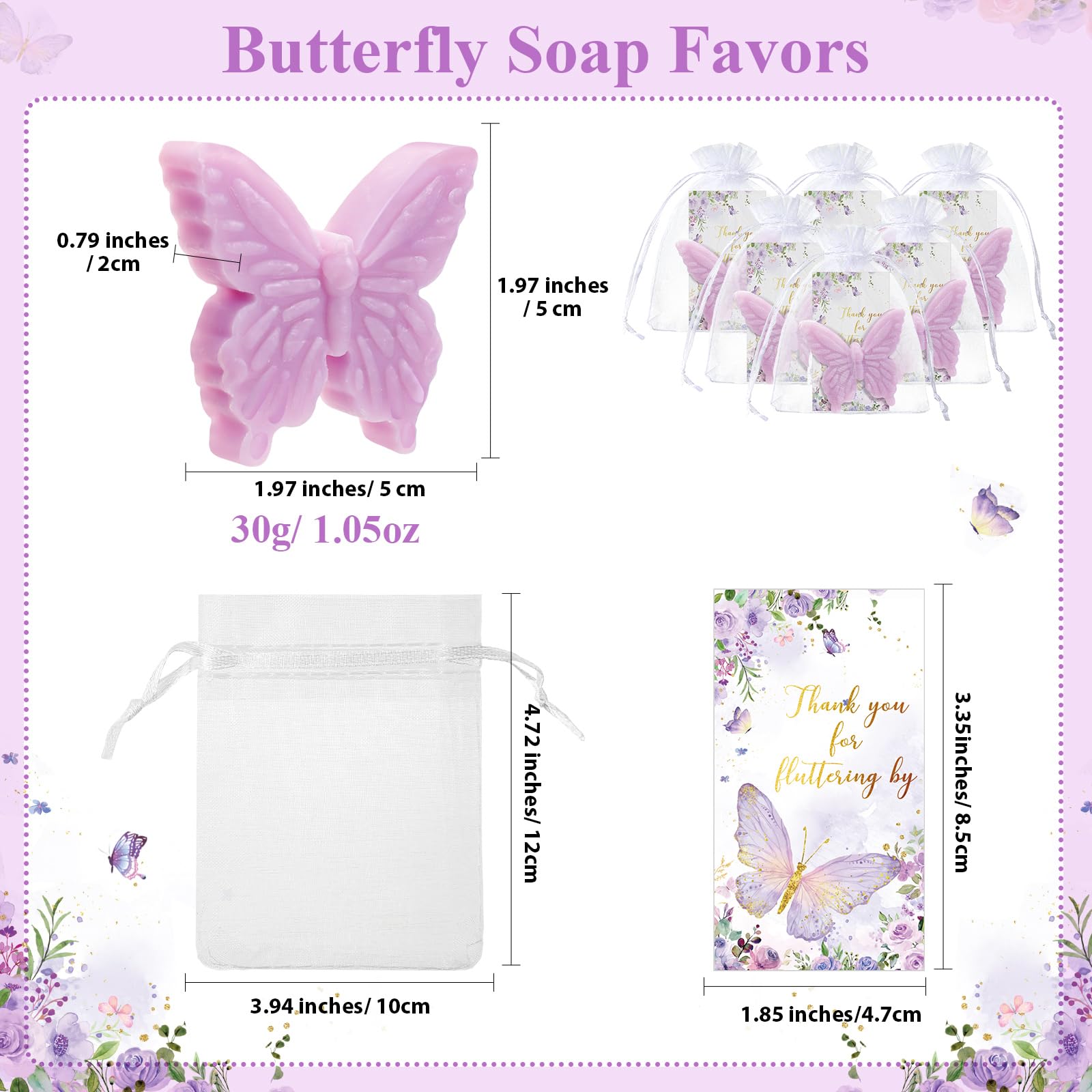 Dunzy 30 Set Butterfly Theme Baby Shower Favors for Guests Butterfly Soap Favors with Thanks You Cards Gift Bags Gender Reveal Baptism Decorations Wedding Bridal Party Favor (Purple)