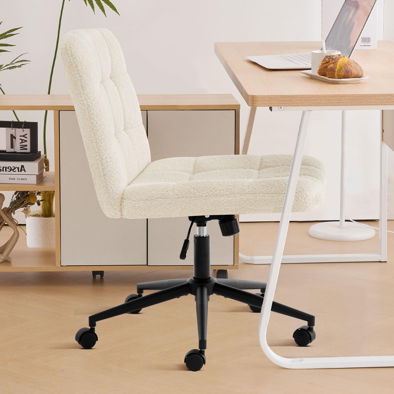 Furniliving Wide Desk Chair, Faux Fur Upholstered Office Chair with Wheels, Adjustable Accent Chair with Thicken Seat, Computer Chair for Living Room, Study Room, Home Office, IvoryWhite