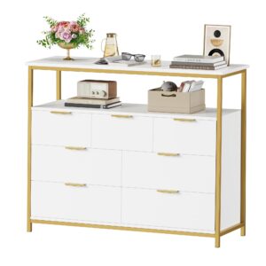 facbotall modern 7 drawer dresser, white dresser with metal handles, white and gold dresser, tall dresser chest of drawers, large capacity chest storage organizer for living room, entryway, white.