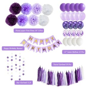 ANSOMO Purple Happy Birthday Party Decorations Dark Light Pastel Purple Lilac Violet Lavender White Tissue Paper Pom Poms Tassel Garland Banner Balloons Décor Supplies Women Girls Her