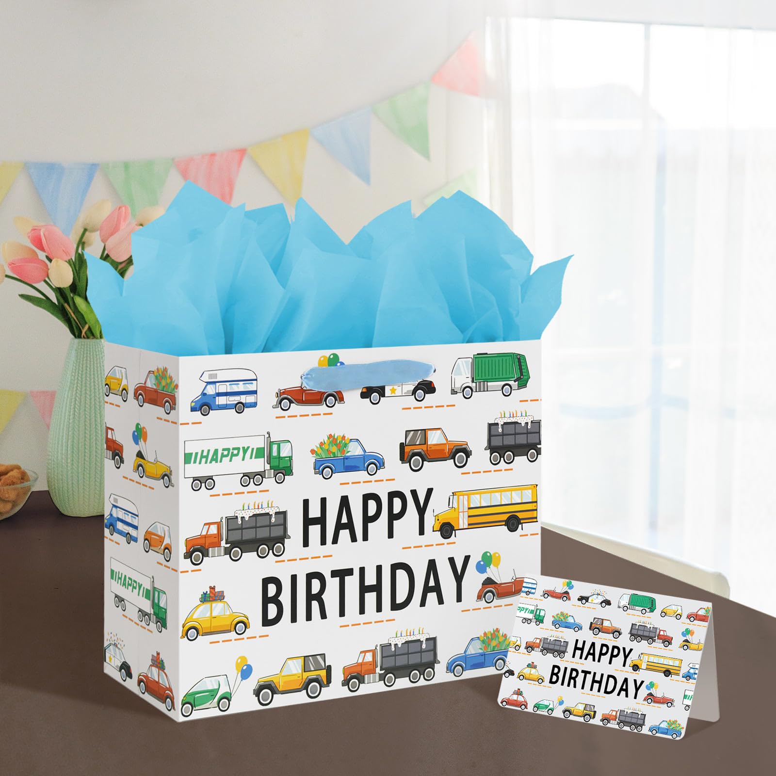 13" Large Car Happy Birthday Gift Bag for Baby Boy Kids with Tissue Paper and Card (Vehicle)