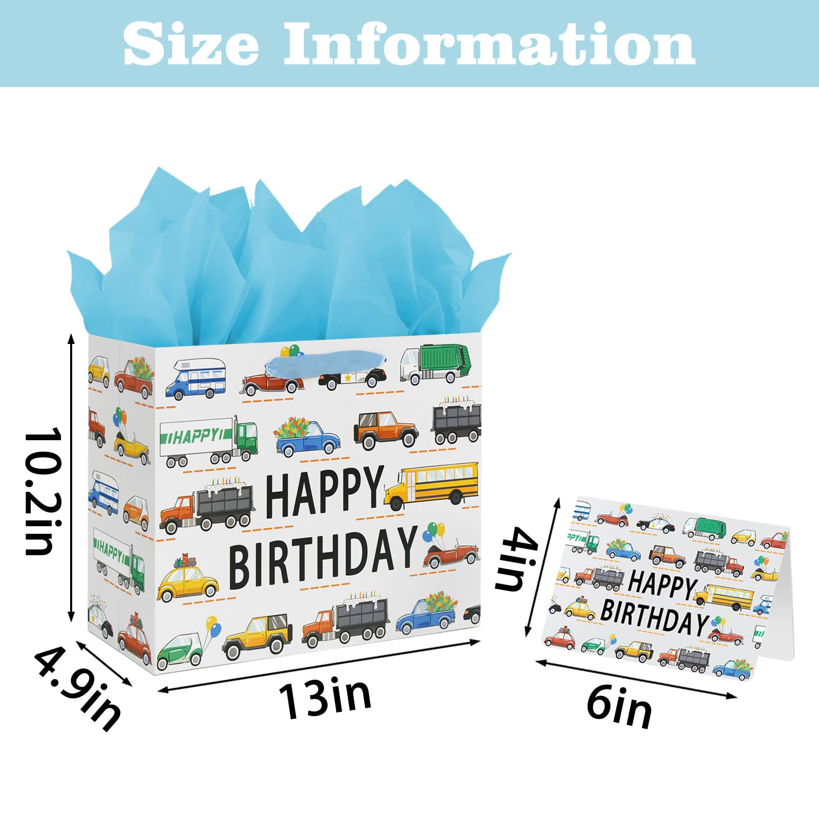 13" Large Car Happy Birthday Gift Bag for Baby Boy Kids with Tissue Paper and Card (Vehicle)