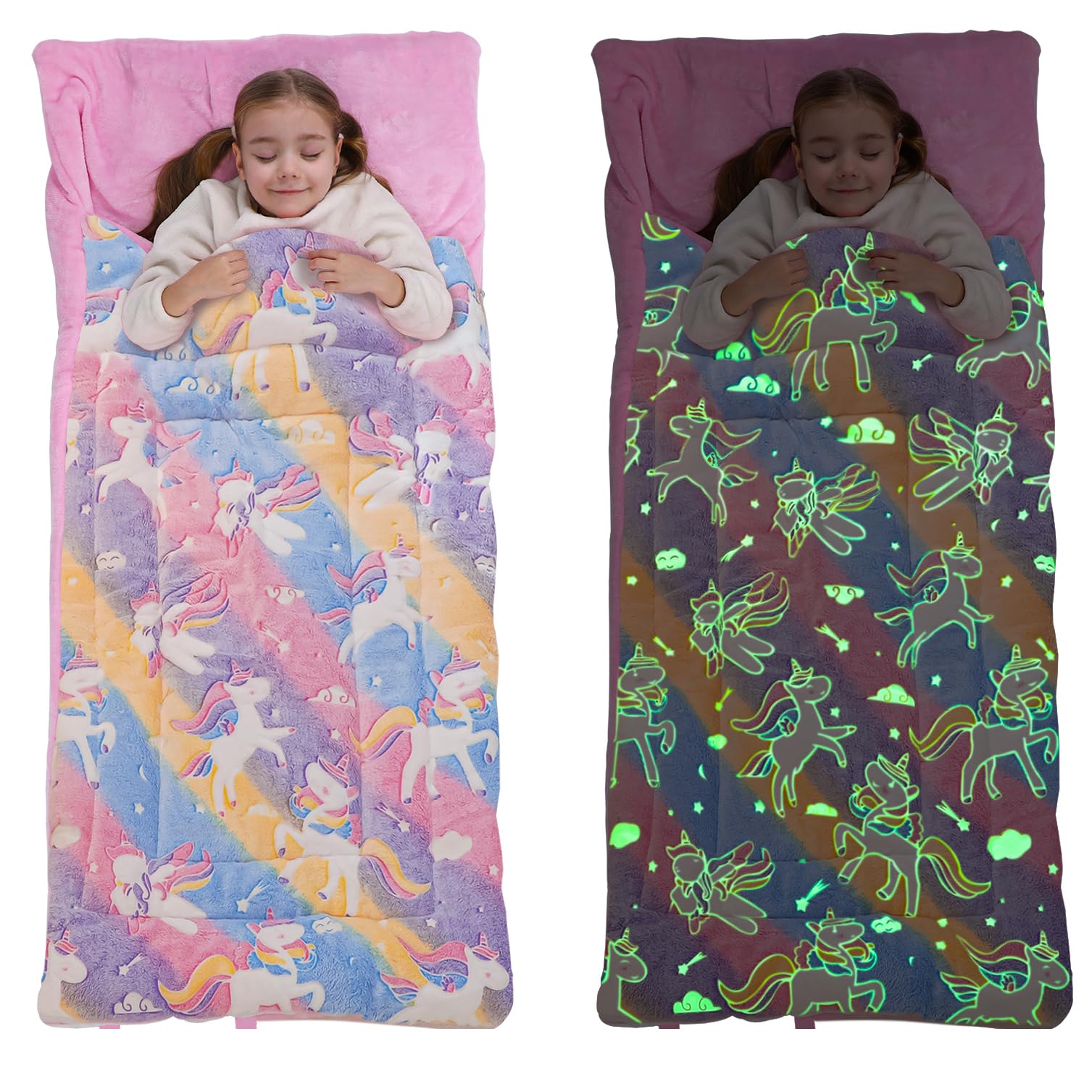 Sleeping Bag for Kids with Pillow Pocket, Toddler Nap Mat 63" x 30" Toddler Slumber Bag Glow in The Dark Blanket Fluffy with Padded Mat for Boys, Girls, Daycare, Preschool, Sleepover, Rainbow Unicorn