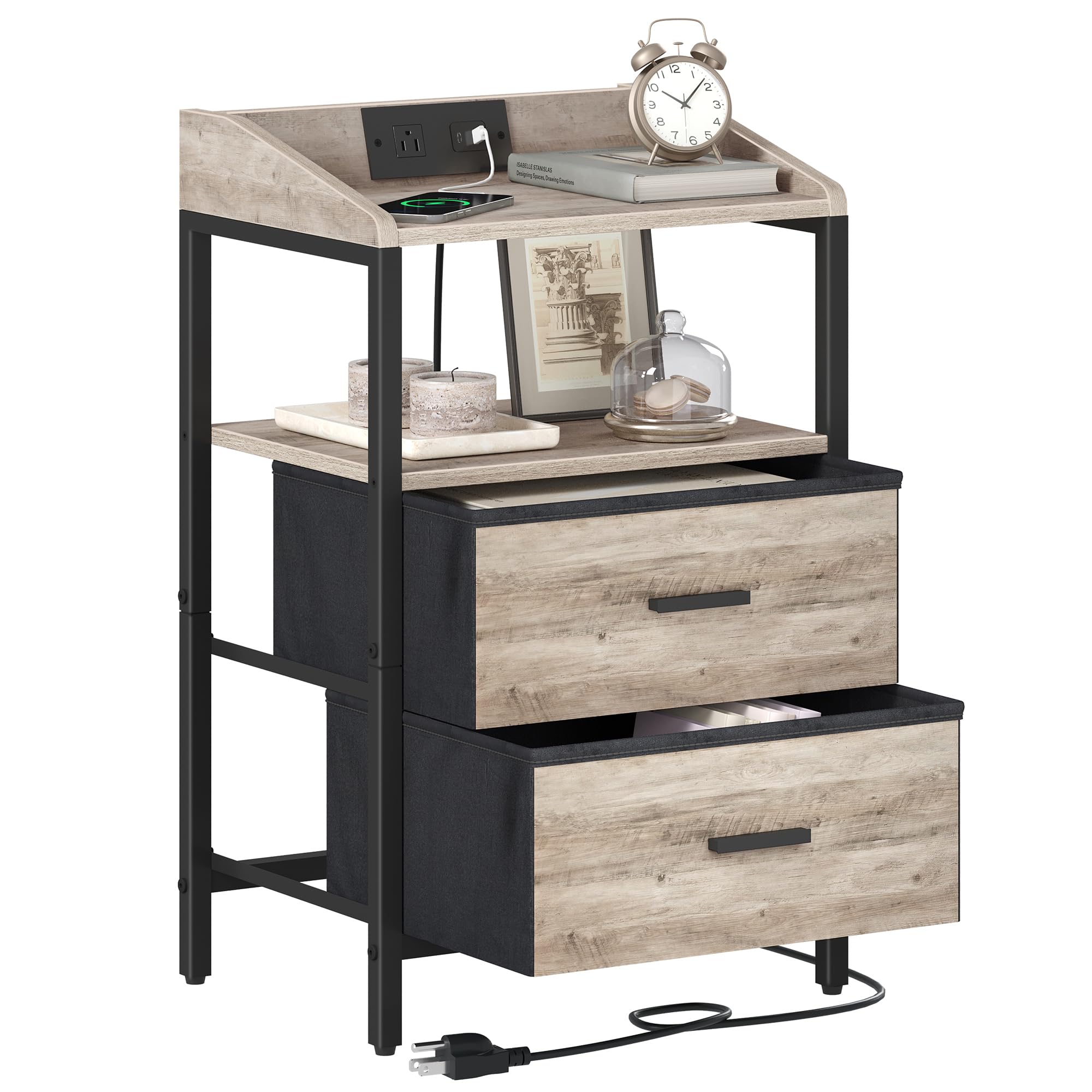 Hzuaneri Nightstands with Charging Station, End Table with 2 Fabric Storage Drawers and Shelves, Modern Side Table with USB Ports & Power Outlets, Greige NS30405B