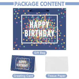 13" Large Happy Birthday Gift Bag Blue with Card and Tissue Papers for Men Boys Colorful Dots Design with Handles