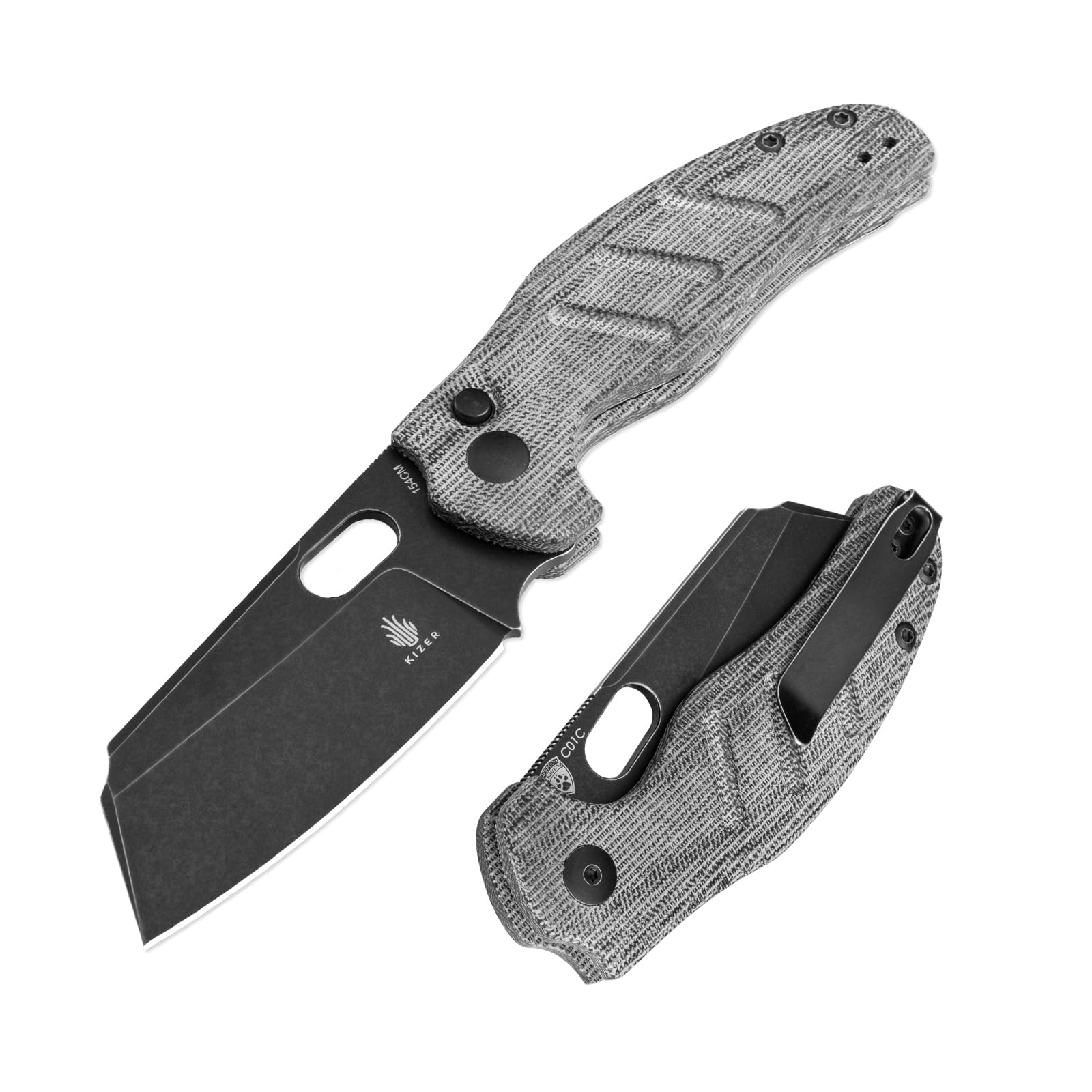 Kizer C01C Sheepdog Pocket Knife, 3.29" 154CM Blade Camping Knife with Grey Micarta Handle, EDC Knife with Button Lock, Survival Knife with Thumb Stud & Hole, Folding Knife for Men Women, V4488BC1