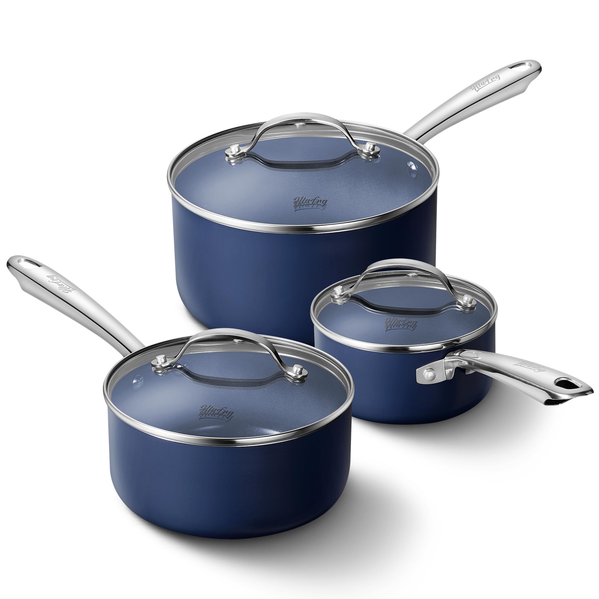 HLAFRG 1+2+3QT Nonstick Saucepan Set with Lids, Small Pot Set, Ceramic Coating, Less Oil and Easy to Clean, Stainless Steel Handle, Oven Safe, Fast and Even Heating, Gradient Blue Pan