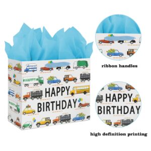 13" Large Car Happy Birthday Gift Bag for Baby Boy Kids with Tissue Paper and Card (Vehicle)