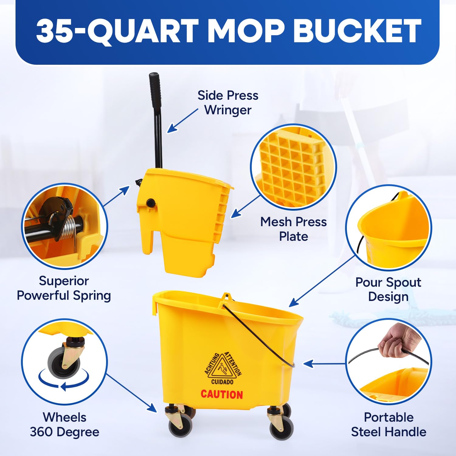 35-Quart Yellow Side-Press Mop Bucket and Wringer Combo on Wheels for Commercial Use Perfect for Professional Industrial Business Household