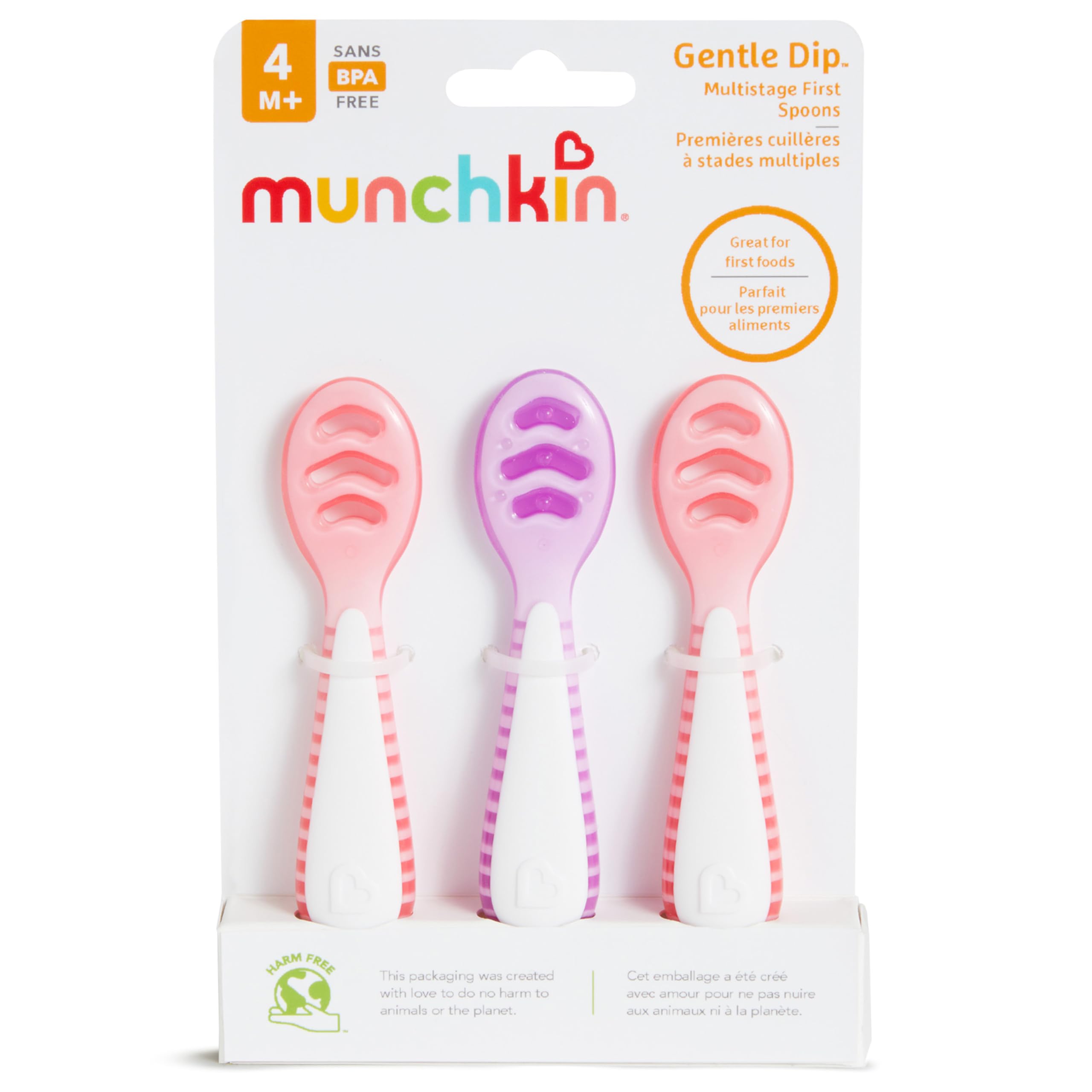 Munchkin® Gentle Dip™ Baby Spoons for Self Feeding and Baby Led Weaning, 3 Pack, Pink/Purple