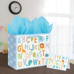 13" Large Baby Boy Gift Bag with Tissue Paper and Greeting Card for Baby Shower Birthday (ABC Alphabet Animal)