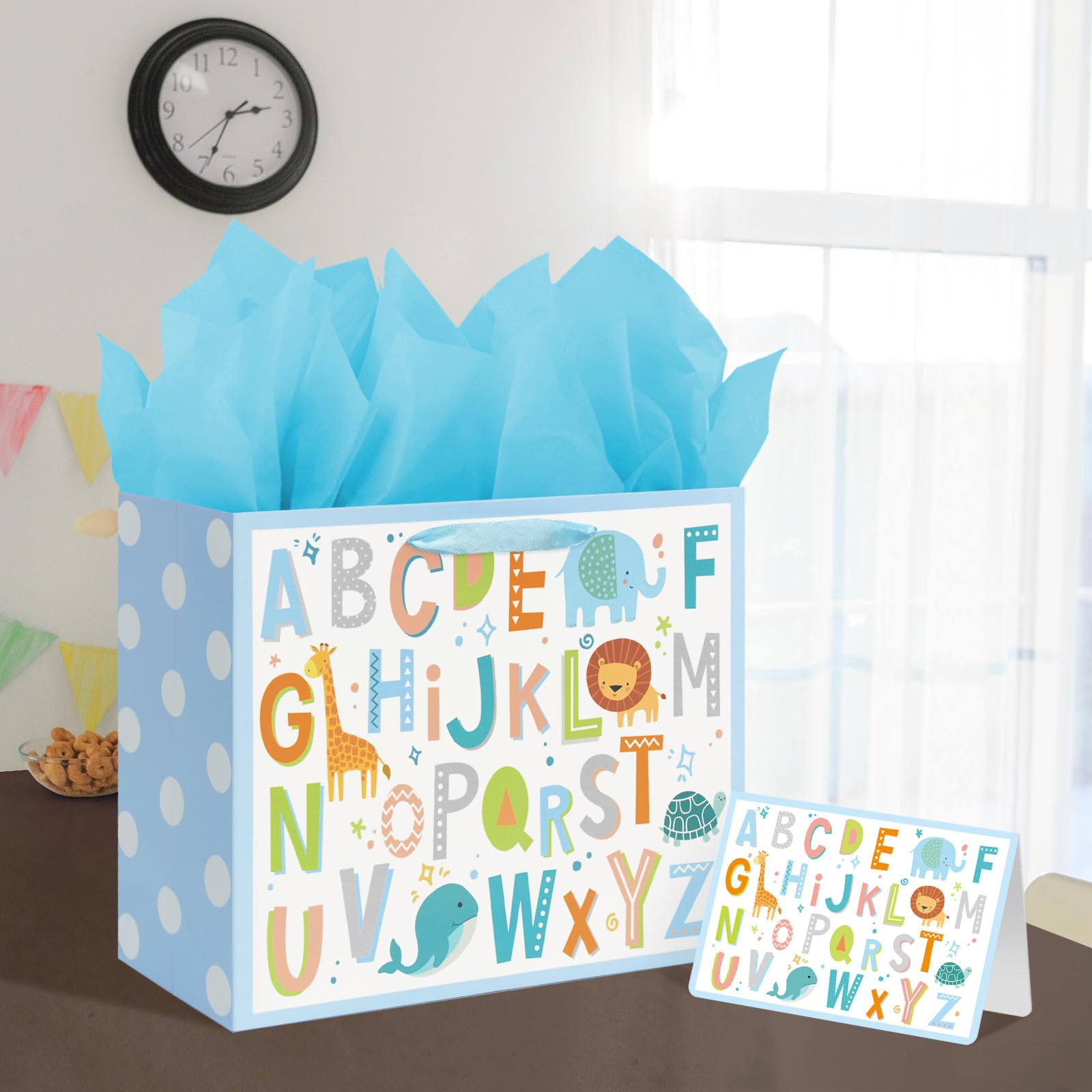 13" Large Baby Boy Gift Bag with Tissue Paper and Greeting Card for Baby Shower Birthday (ABC Alphabet Animal)