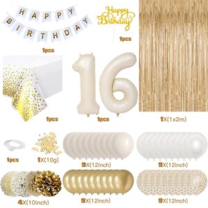 Sweet 16 Birthday Decorations, White and Gold 16th Birthday Decorations for Girls Boy 16th Happy Birthday Banner Tablecloth Fringe Curtain Cake Topper Paper Pom Poms for Girl Boys Sweet 16 Party Decor