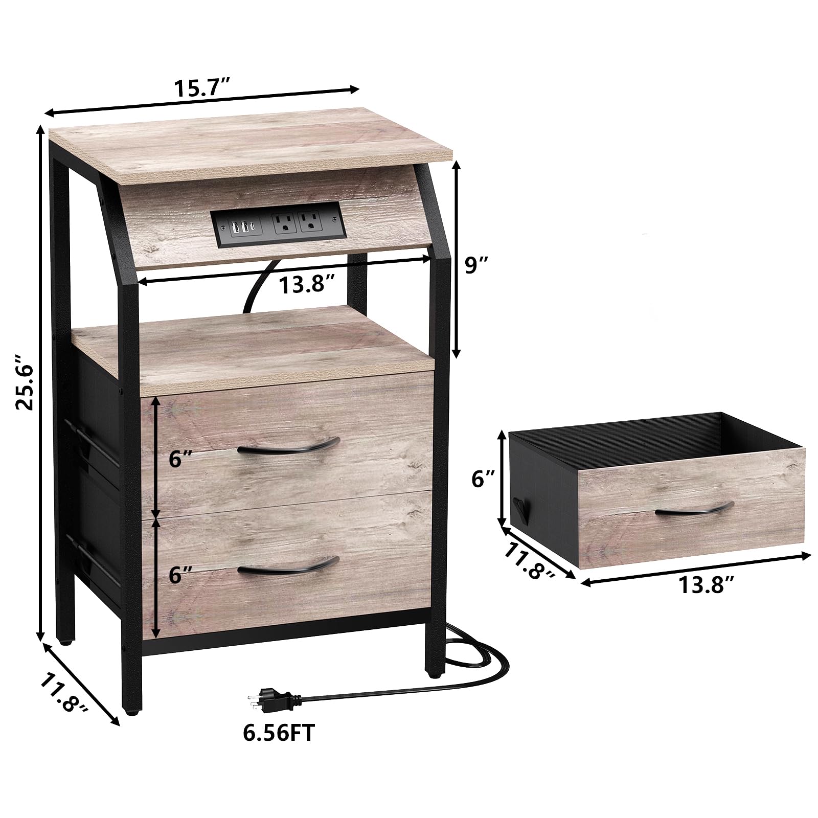 SZLHANJZ Storage End Table, Charging Nightstand with 2 Drawers, Small Fabric Dresser for Bedside, Wood and Metal Side Table for Living Room, Dorm, Grey Oak