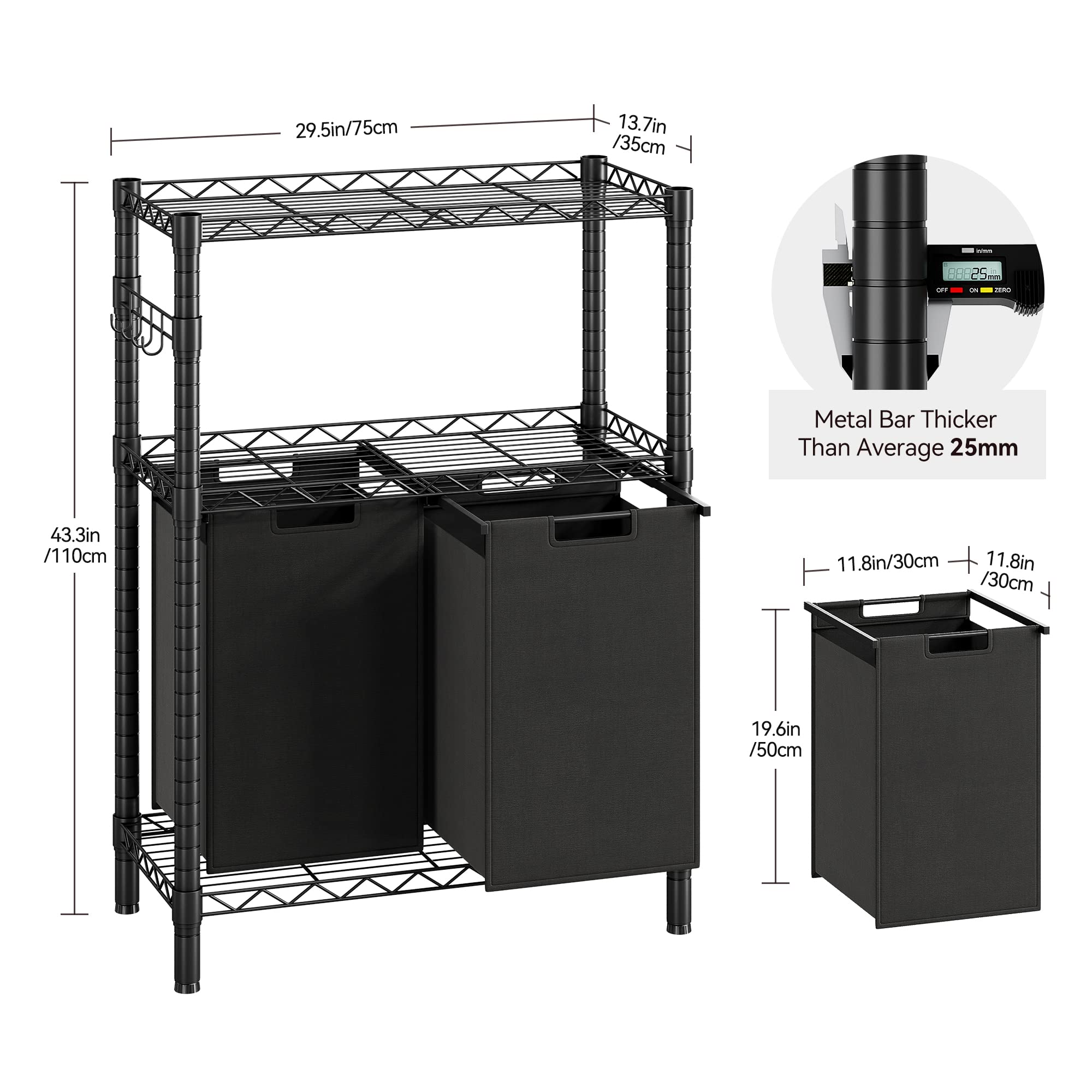 GAOMON Laundry Hamper, Laundry Sorter with 2 Pull-Out & Removable Bag,Laundry Basket Organizer with 2 Tier Adjustable Storage Shelf for Laundry Room,Bathroom,Dorm Organization