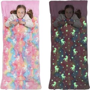 sleeping bag for kids with pillow pocket, toddler nap mat 63" x 30" slumber bag glow in the dark blanket fluffy with padded mat for boys, girls, daycare, preschool, sleepover,unicorn