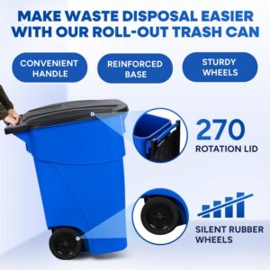 PLASTIC PRINCE 50-Gallon Recycle Rollout Trash Can with Lid, Commercial Heavy-Duty Whelled Outdoor Garbage Can, Blue