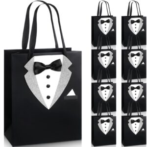 chuangdi 8 pcs groomsmen gift bags with 3d tuxedo design 8 x 4.5 x 10 inch with handle groomsmen paper gift bags for wedding bachelor birthday party favor anniversary supplies(silver)