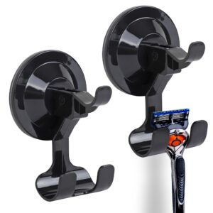 powerful black waterproof suction cup razor hooks, removable and reusable vacuum hooks for shower wall or any flat surface. (2 pack)