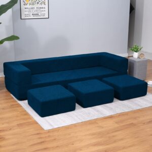 PUREMIND Folding Velvet Sofa Bed with 3 Ottomans, Convertible Floor Sofa, Foldable Sleeper Foam Bed, Comfy Futon Couch with Foam Mattress for Home Apartment Office and Dorm - Blue