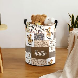 Cool Cowboy Western Personalized Laundry Basket,Custom Name Collapsible Waterproof Laundry Hamper Storage Bins with Handle for Clothes,Toys Nursery