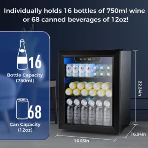 Joy Pebble Beverage Refrigerator Cooler 1.7 Cu.Ft, 16 Bottle 68 Can - Mini Fridge with Glass Door for Beer Drinks Wines,Freestanding beverage fridge with Adjustable Shelving