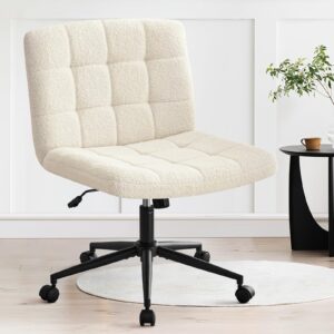 furniliving wide desk chair, faux fur upholstered office chair with wheels, adjustable accent chair with thicken seat, computer chair for living room, study room, home office, ivorywhite