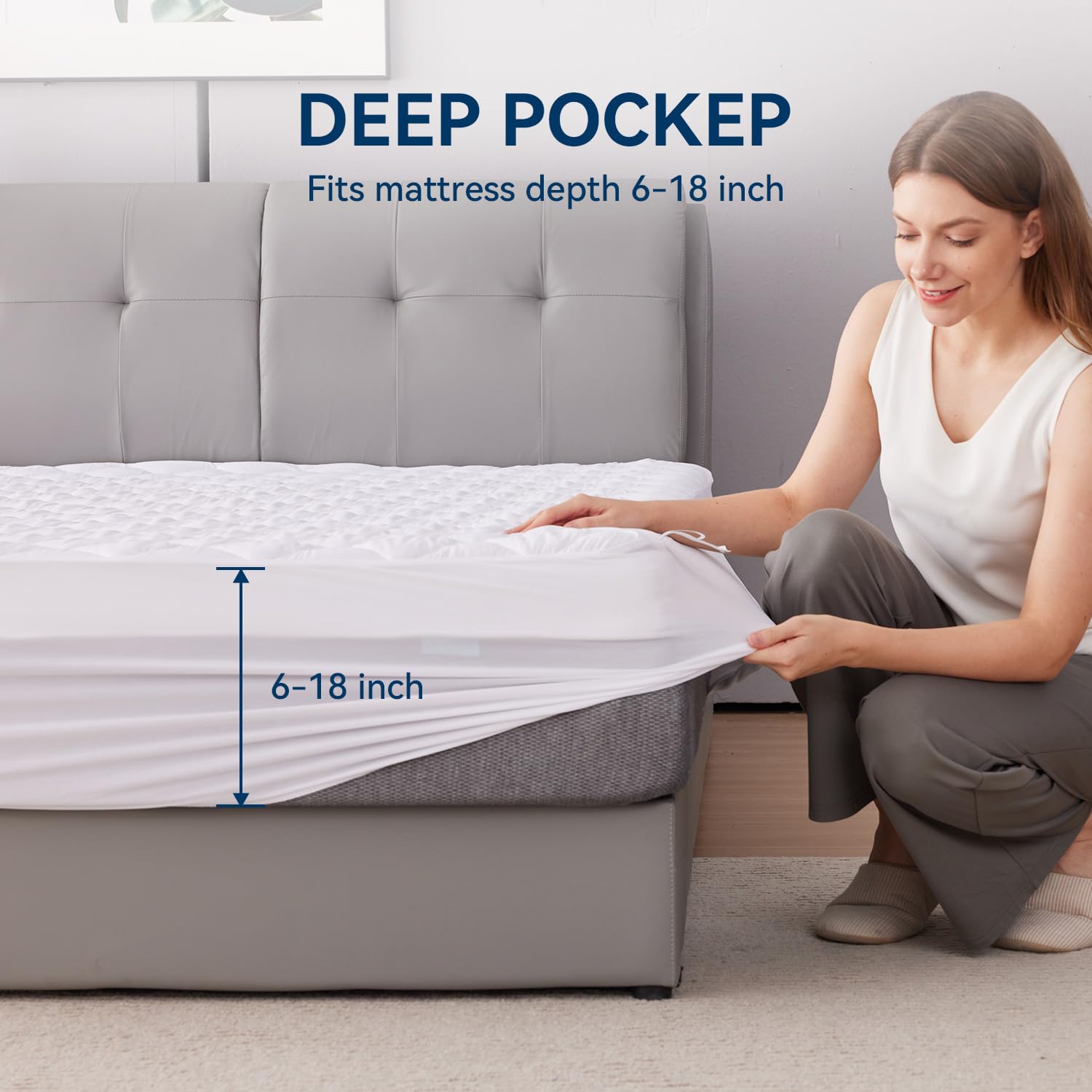 BDEUS Queen Quilted Fitted Mattress Pad, Soft and Breathable Mattress Protector with 180 GSM Down Alternative Fillings, Noiseless Mattress Cover with 6-18" Deep Pocket,Women's Gift Idea.