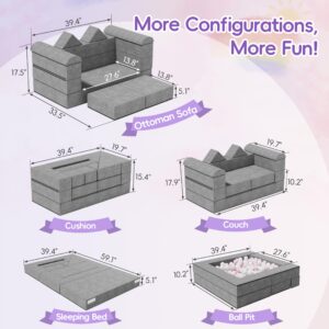 Xilingol Kids Couch Toddler Couch, 10Pcs Kids Modular Play Couch, Kids Sofa with Ottomans, Convertible Foam Couch Play Set for Creative Child, Kids Furniture for Playroom (Gray)