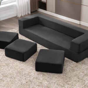 PUREMIND Folding Velvet Sofa Bed with 3 Ottomans, Convertible Floor Sofa, Foldable Sleeper Foam Bed, Comfy Futon Couch with Foam Mattress for Home Apartment Office and Dorm - Dark Gray