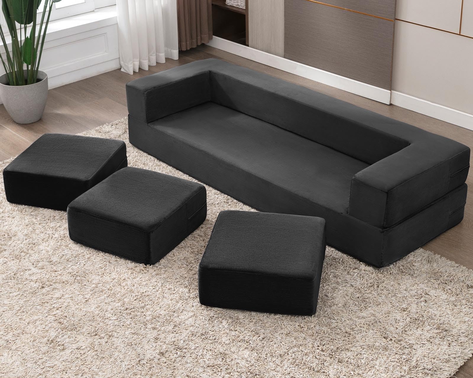 PUREMIND Folding Velvet Sofa Bed with 3 Ottomans, Convertible Floor Sofa, Foldable Sleeper Foam Bed, Comfy Futon Couch with Foam Mattress for Home Apartment Office and Dorm - Dark Gray