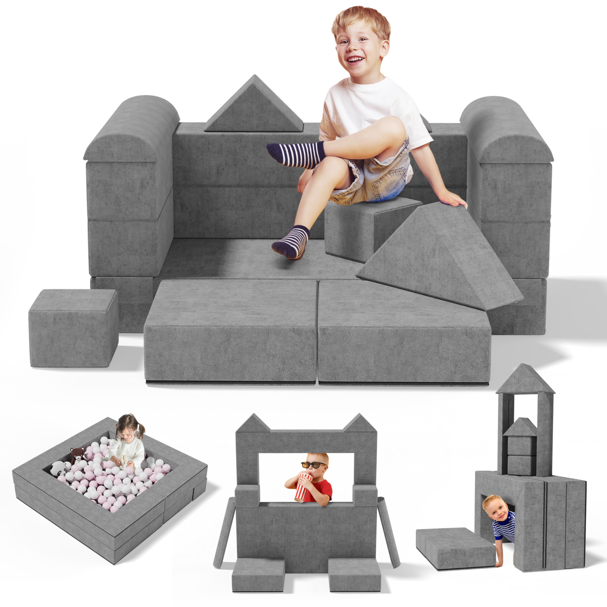 Xilingol Kids Couch Toddler Couch, 10Pcs Kids Modular Play Couch, Kids Sofa with Ottomans, Convertible Foam Couch Play Set for Creative Child, Kids Furniture for Playroom (Gray)