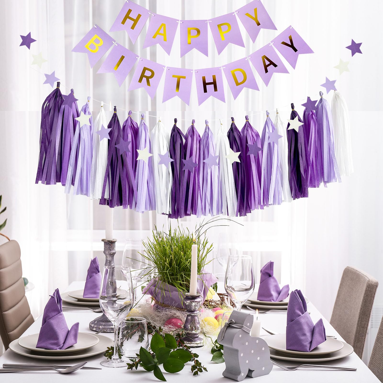 ANSOMO Purple Happy Birthday Party Decorations Dark Light Pastel Purple Lilac Violet Lavender White Tissue Paper Pom Poms Tassel Garland Banner Balloons Décor Supplies Women Girls Her