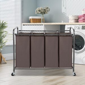 storageideas laundry sorter 4 section, 4-bag heavy duty rolling laundry hamper cart, laundry basket organizer with wheels and removable bags, laundry room organization for dirty clothes storage, brown