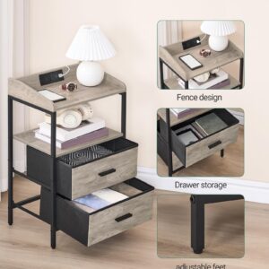 Hzuaneri Nightstands with Charging Station, End Table with 2 Fabric Storage Drawers and Shelves, Modern Side Table with USB Ports & Power Outlets, Greige NS30405B